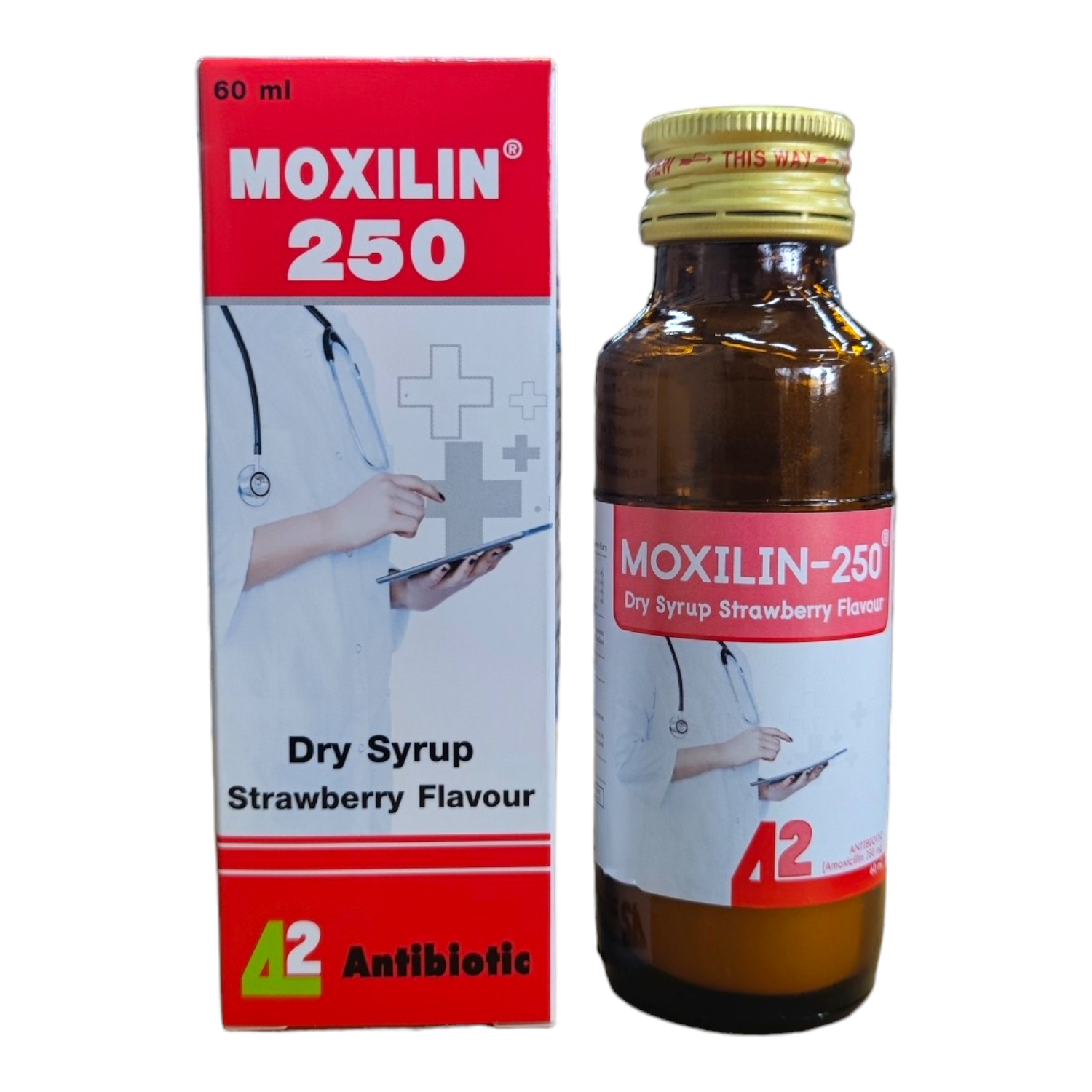 Moxilin dry syrup strawberry (มีกล่อง) 250mg/5ml 42 SMC (Bottle/60ml ...
